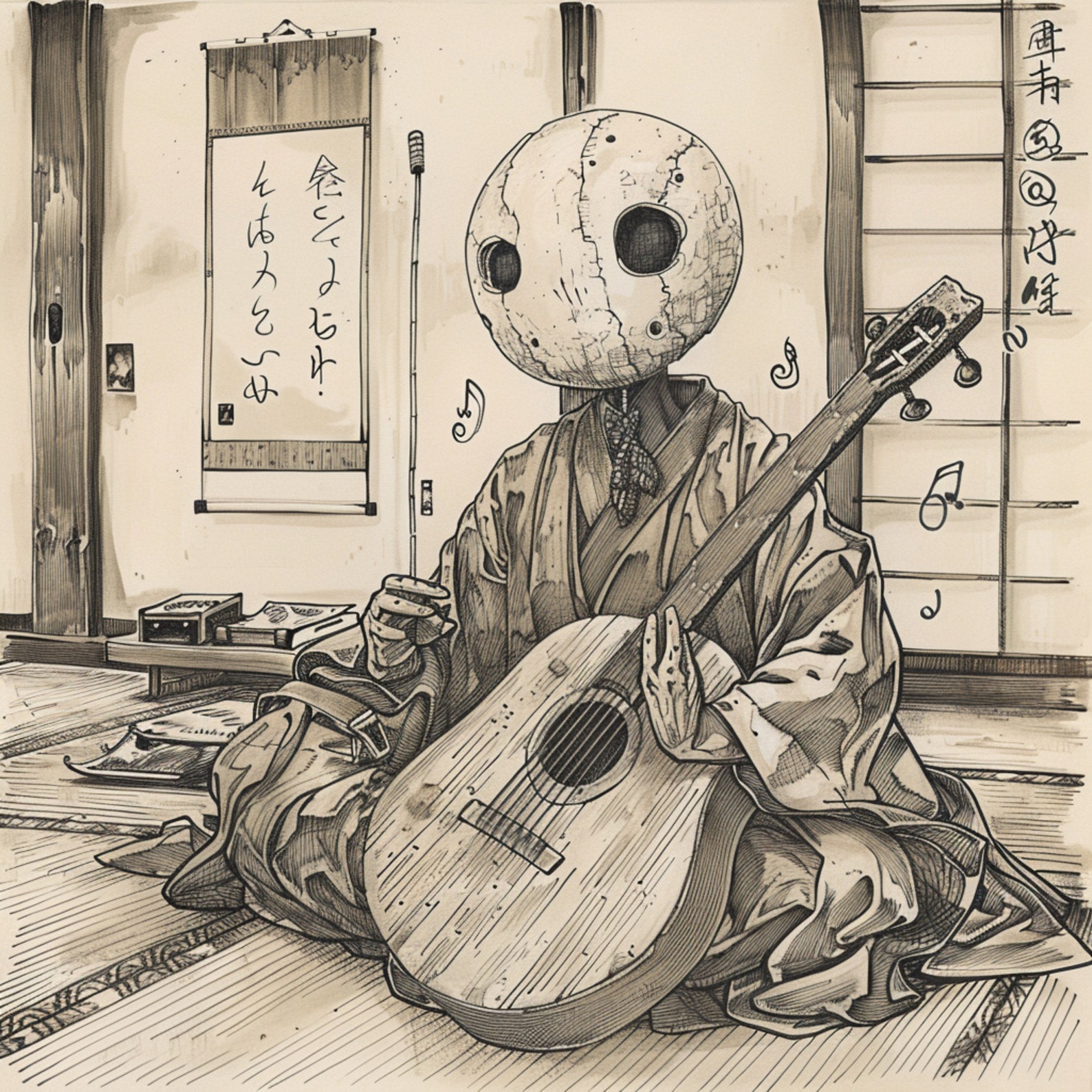SIX Traditional Japanese Musician Art, Digital Download, Moon Head ...
