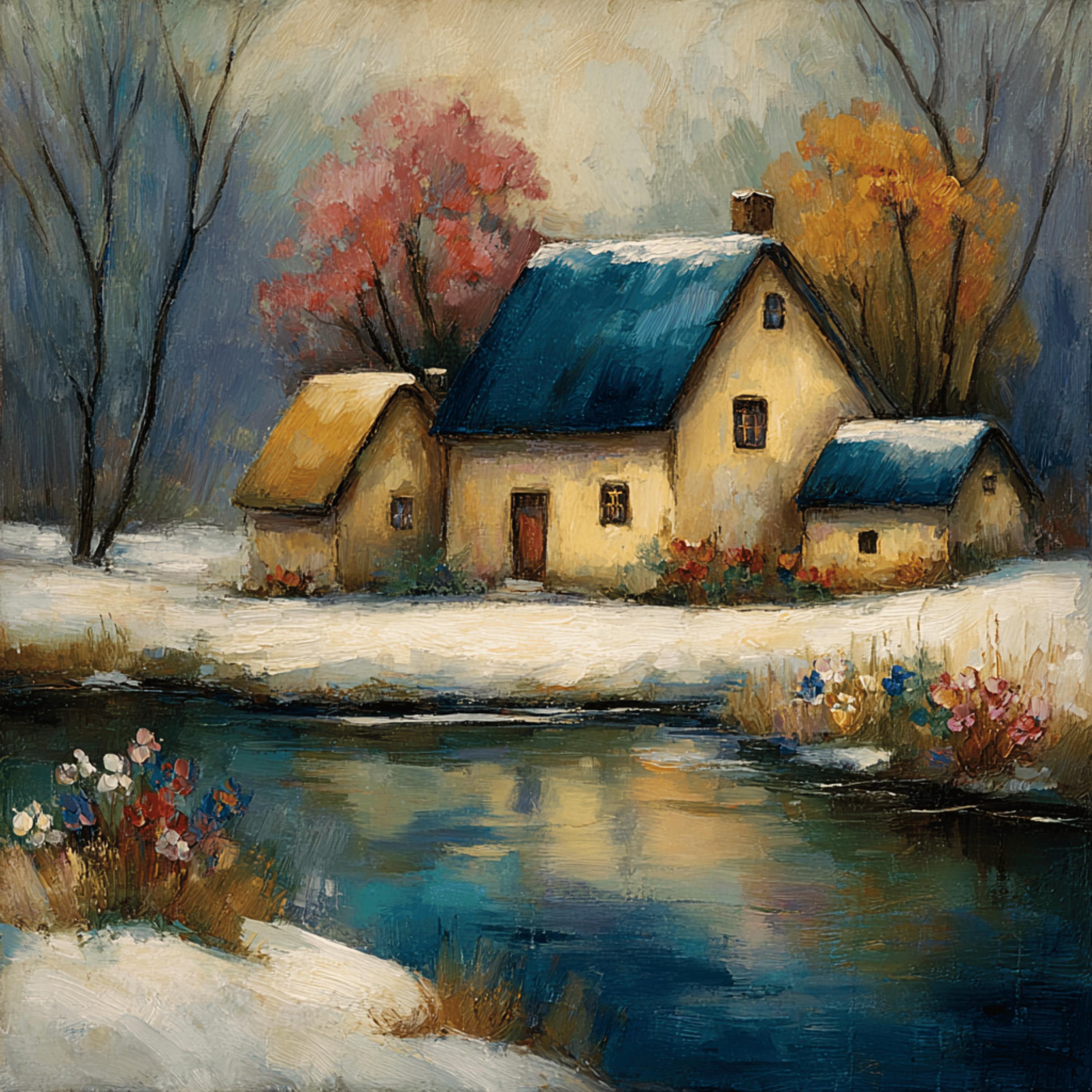 20 Winter Cottage Landscape Art Set With Snow, Cozy Houses and ...
