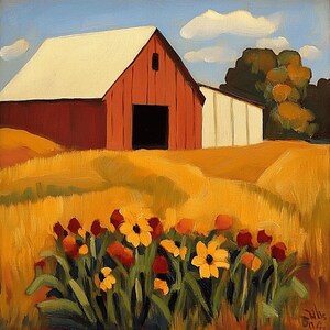 10 Large Red Barn Farm Scene Artwork Poster, 10 Digital Images, Square ...
