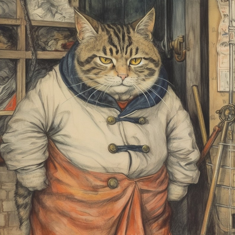 SEVEN Vintage Cat Art Print, Whimsical Cat Portrait, Wall Art for ...