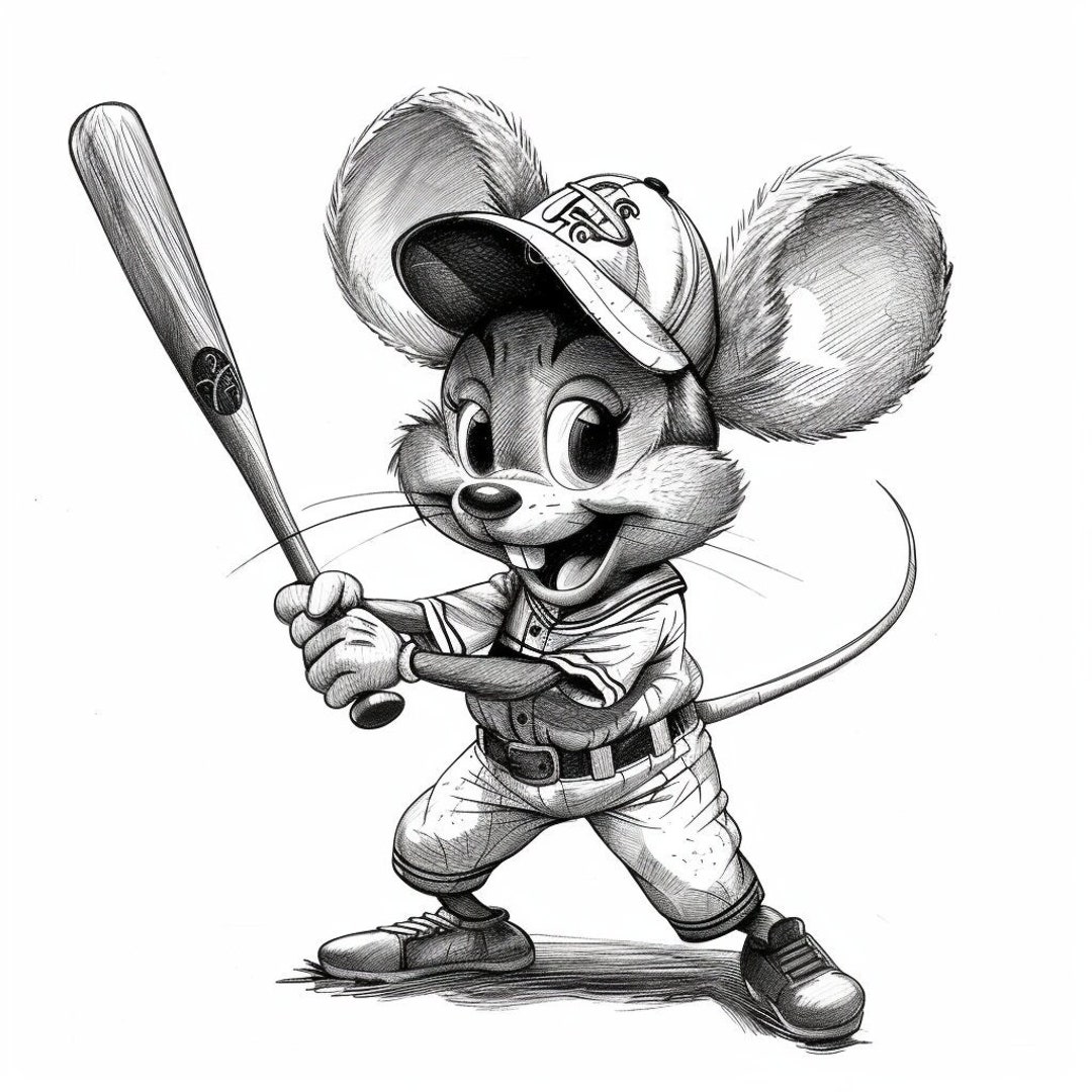 TWELVE Vintage Style Baseball Mouse Illustration, Black and White ...