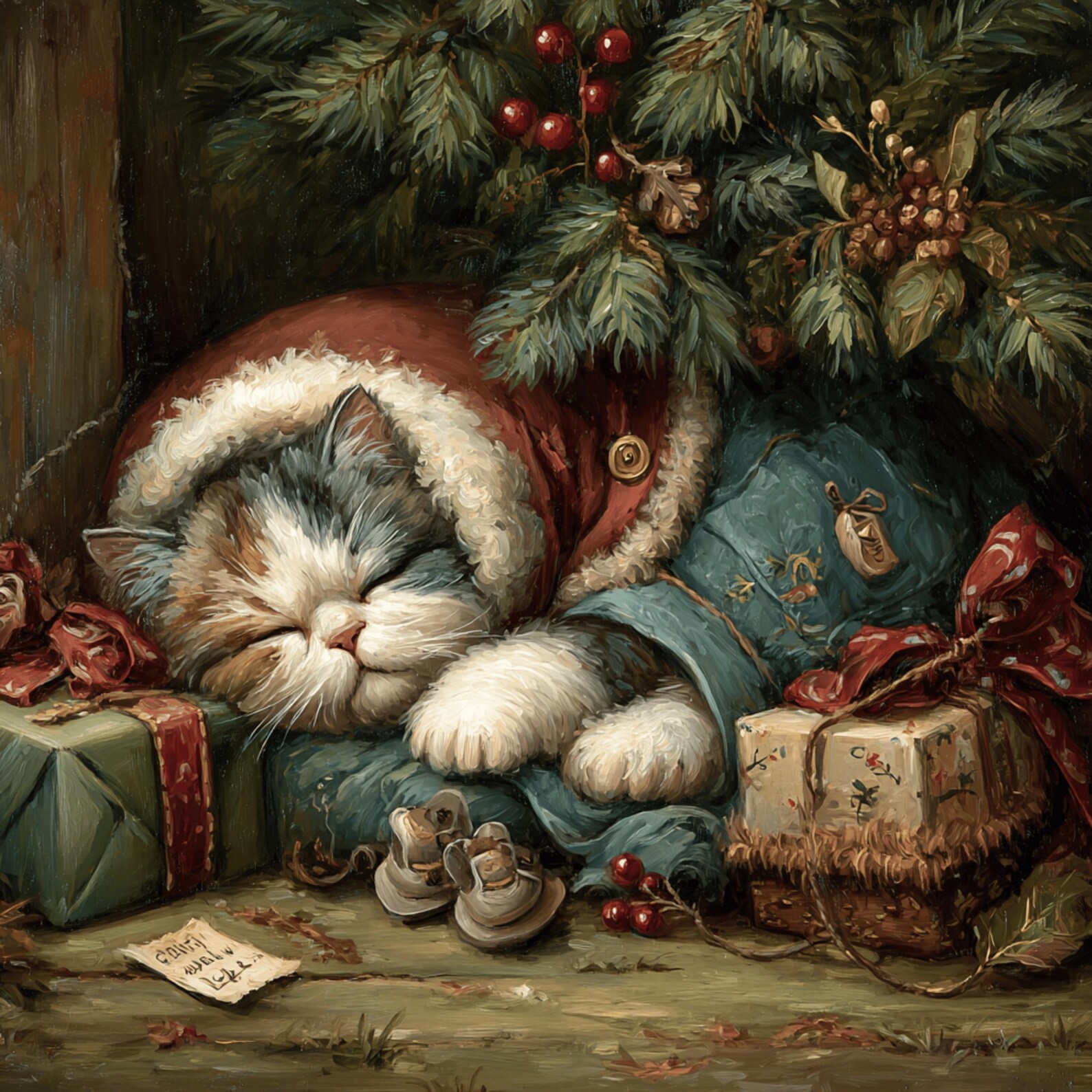 36 Christmas Cats With Presents, Cozy Holiday Artwork, Vintage Style ...