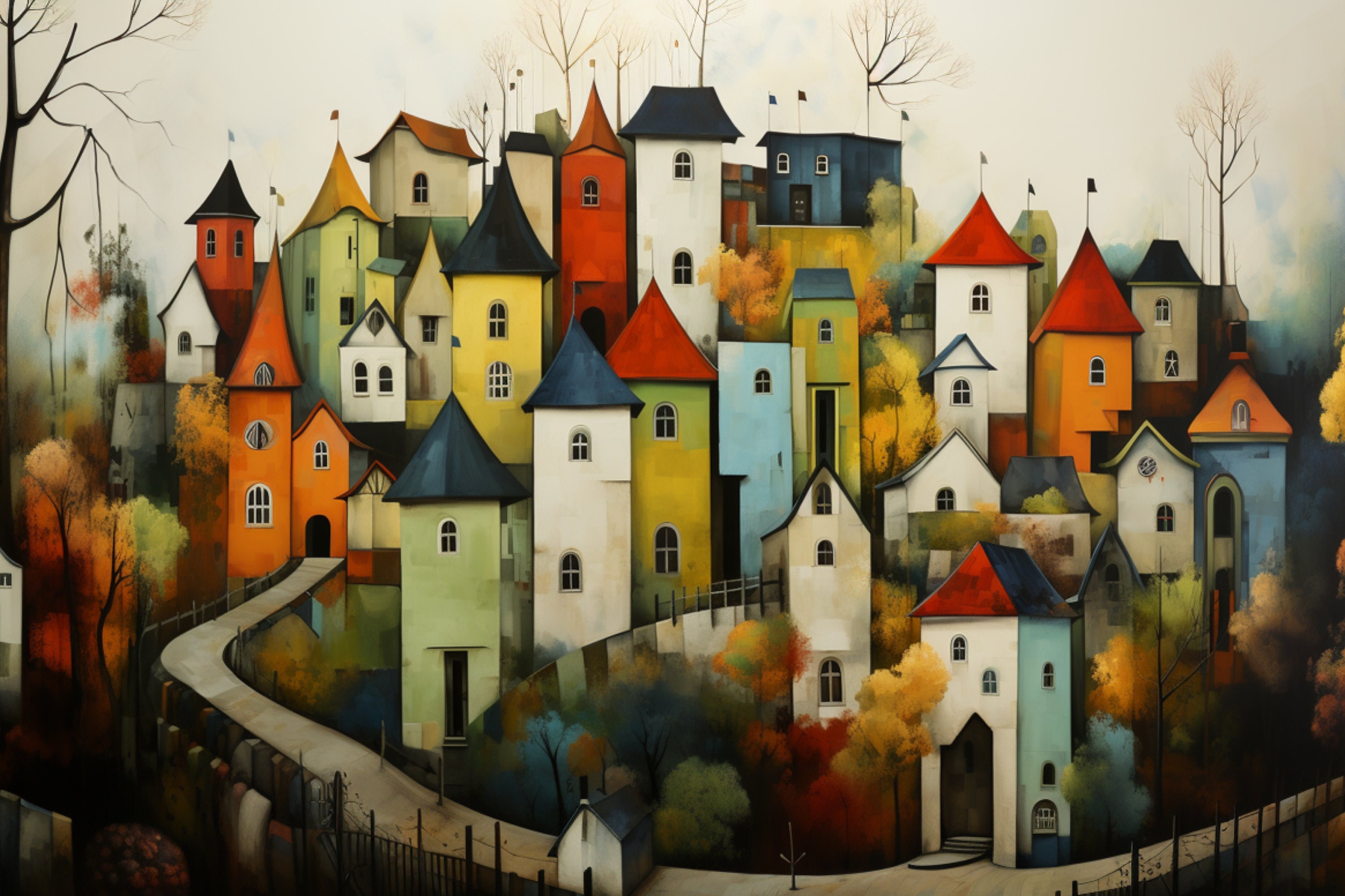 NINETEEN Whimsical Townscape Digital Art Print Colorful Fairytale ...