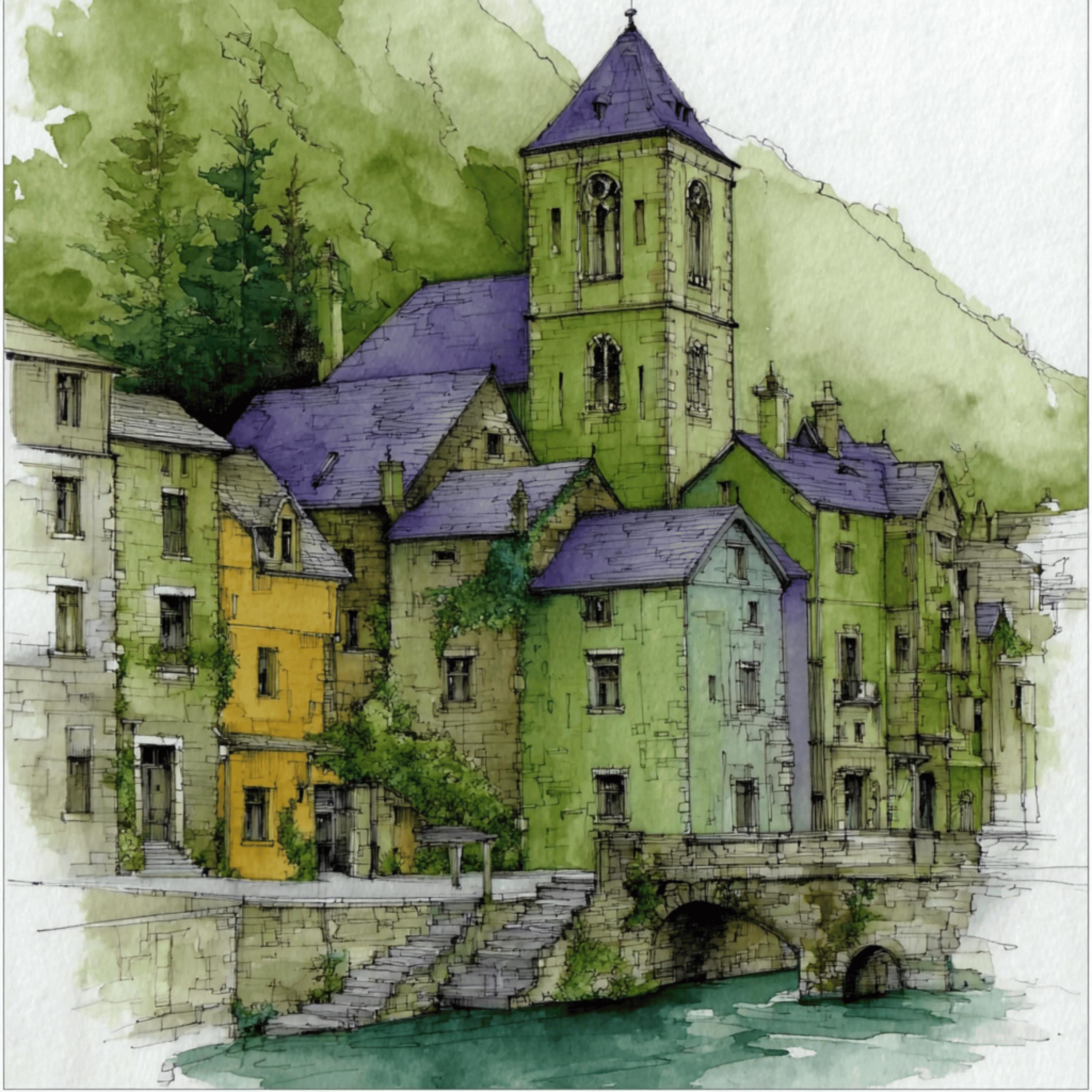 Colorful Town Scenes Watercolor Ink Art Prints: DIY Kitchen & Dining ...