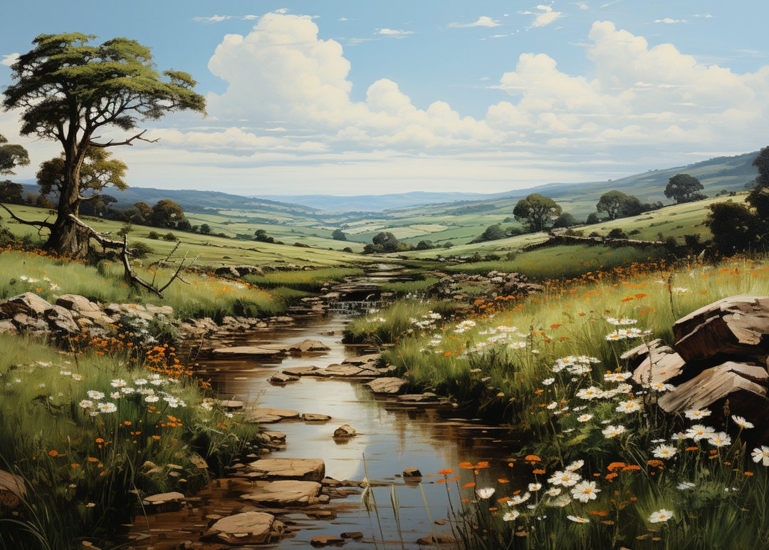 FOUR Rustic Landscape Wall Art, Country Meadow Stream, Nature Canvas ...