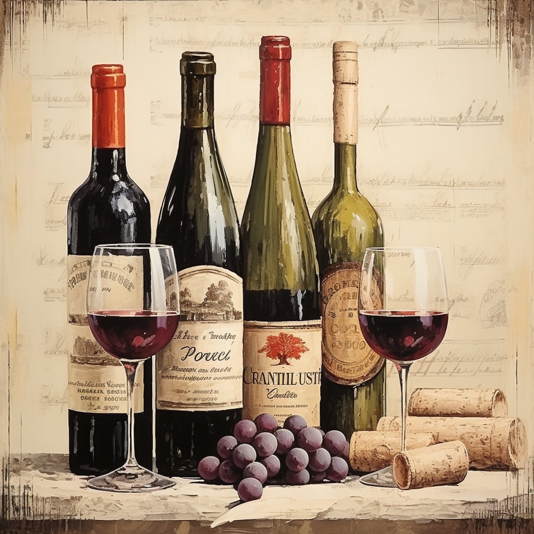 FOUR Wine Bottle Prints Retro Style Wall Decor Instant Printable ...