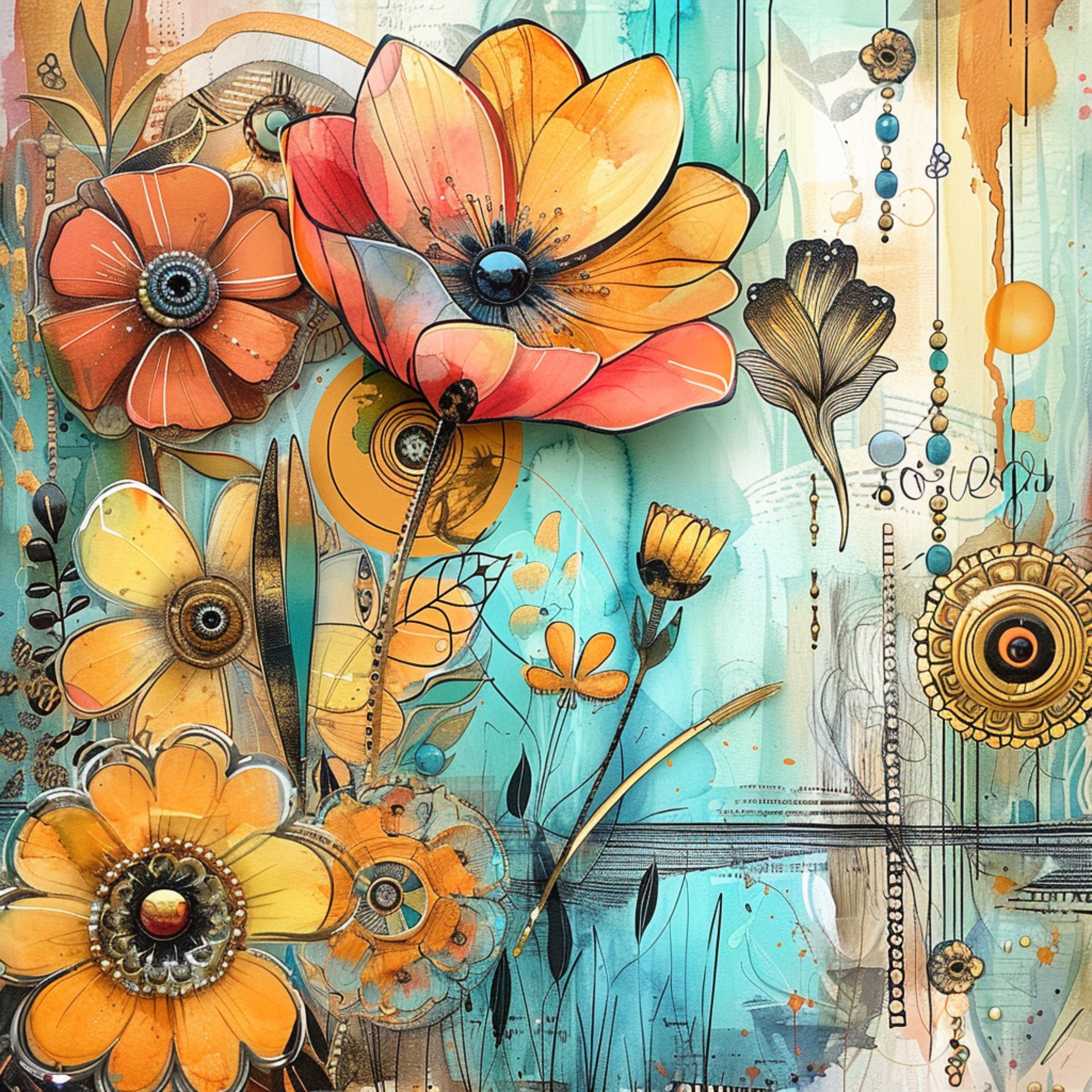 TEN Boho Button Ribbons Digital Download, Retro Style Button Art Design ...