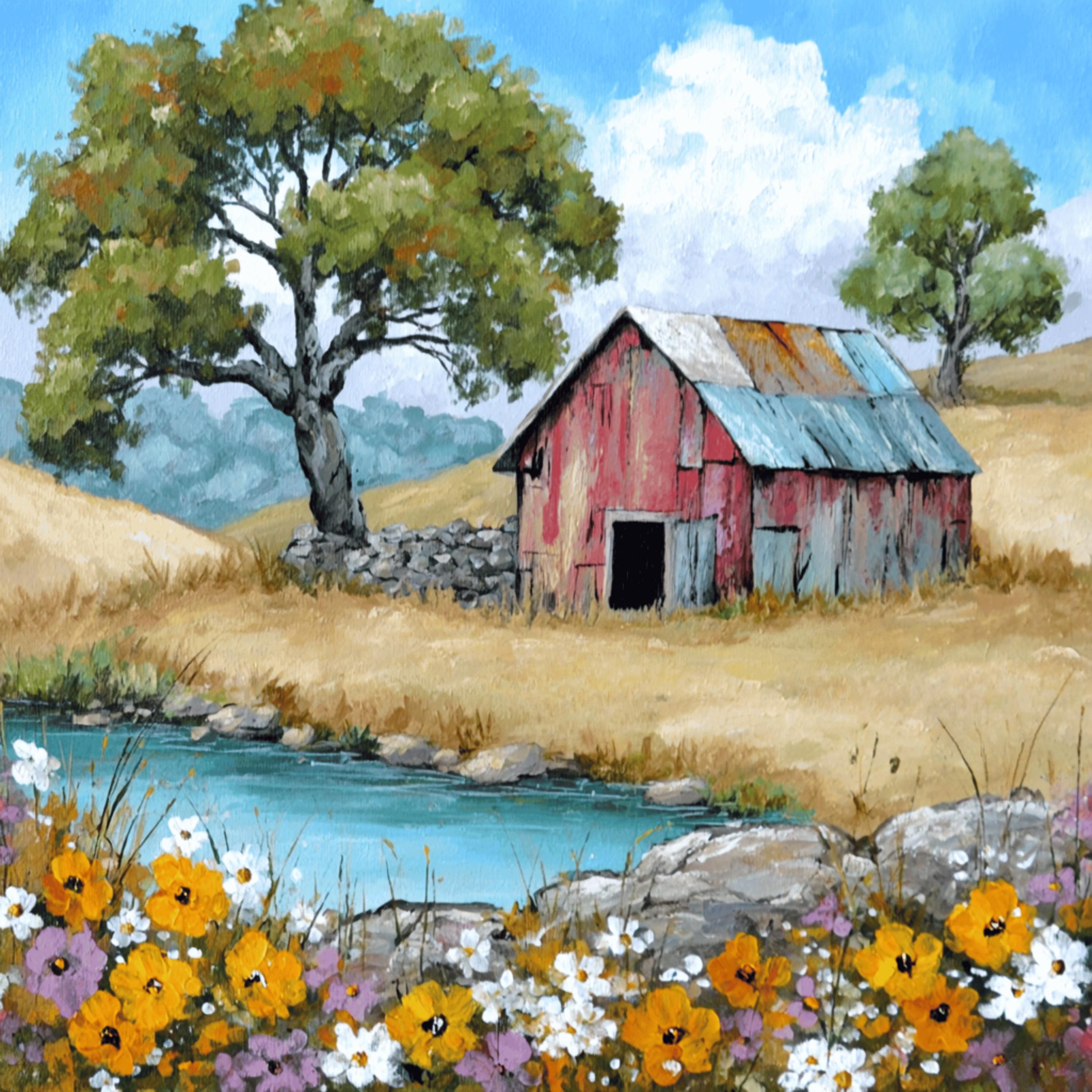 19 Rustic Red Barn Artwork With Sheep, Wildflowers, Stone Walls ...