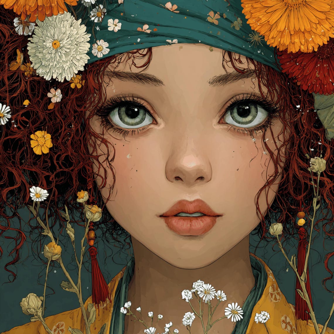 15 Whimsical Female Portrait Wall Art, Anime Floral Digital Woman Faces ...