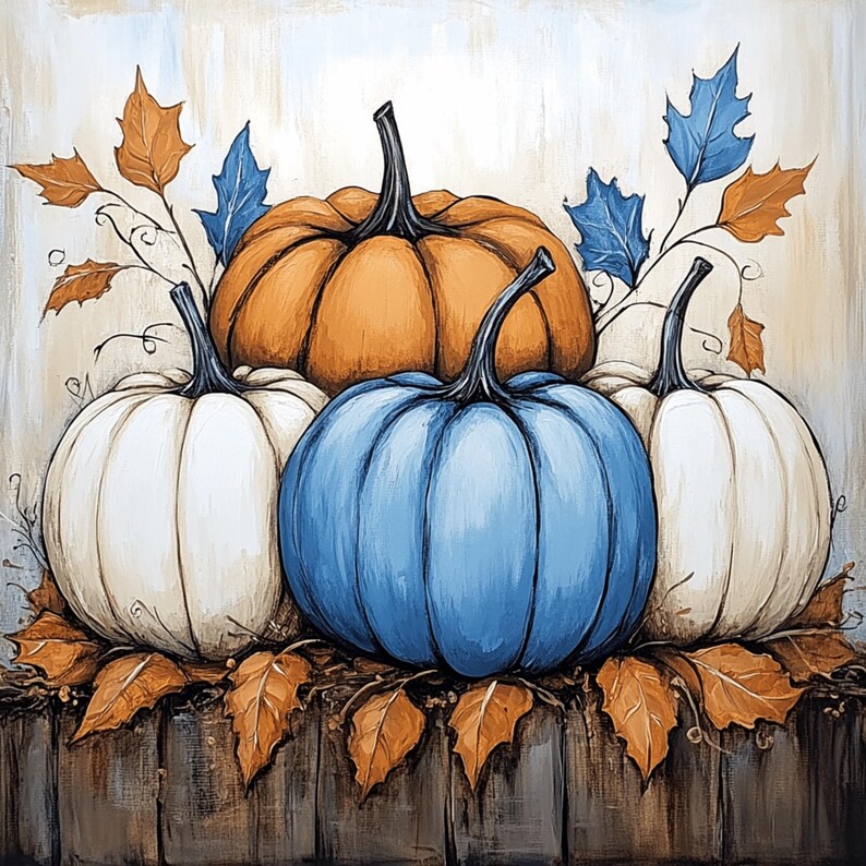 8 Digital Autumn Pumpkin Patch Large Poster, Fall Harvest Wall Art ...