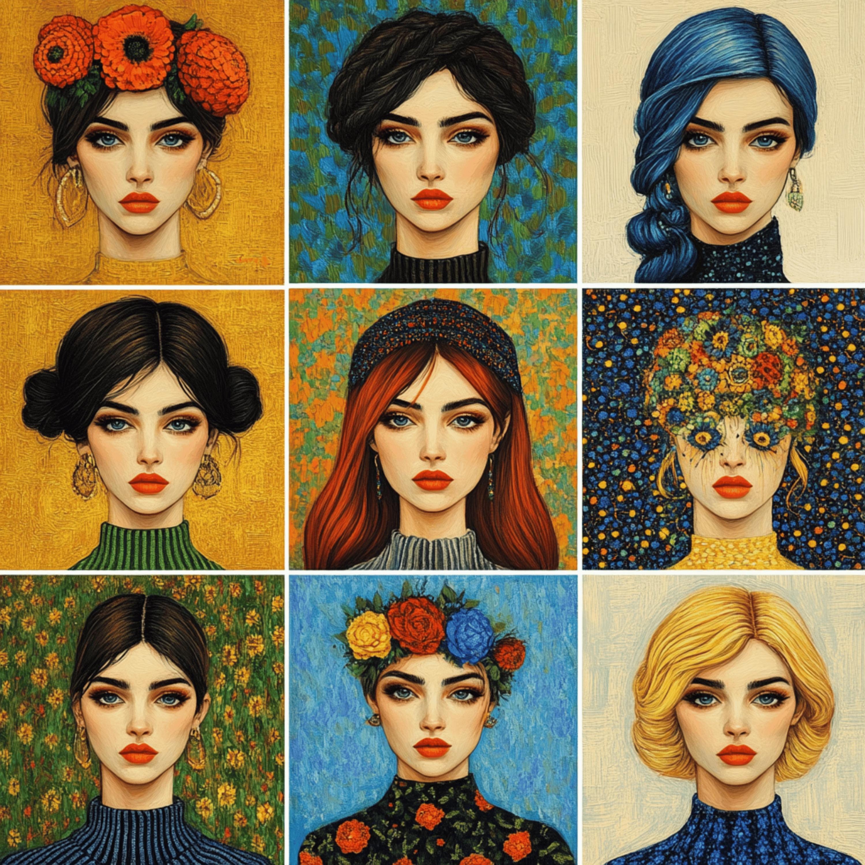 8 Digital Female Portraits Art, 3x3 Grid, Large Square Artwork, Wall ...