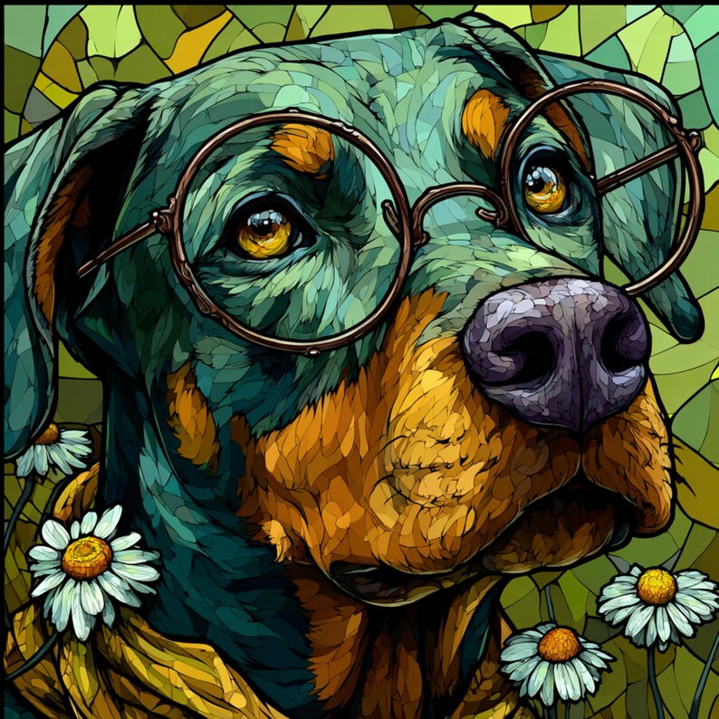 30 Whimsical Dog Portraits With Glasses, Floral Stained Glass Style ...