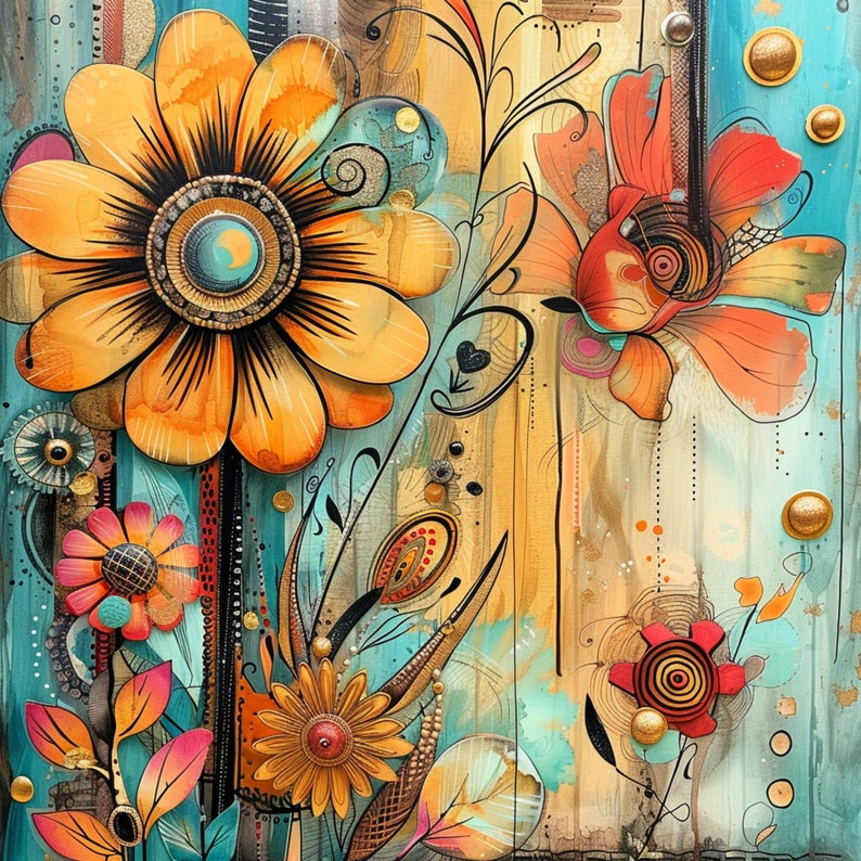 TEN Boho Button Ribbons Digital Download, Retro Style Button Art Design ...