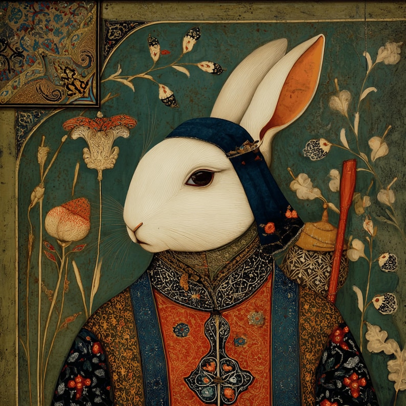 15 White Rabbit in Persian Costume Wall Art, Printable Animal Portraits ...