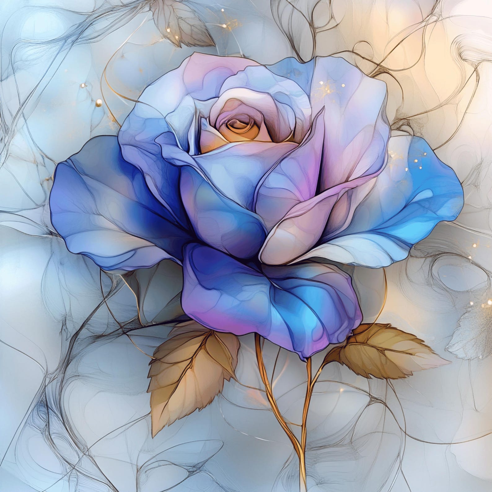 Blue Rose Pastel Stained Glass Effect Artwork, 15 Flower Digital Images ...