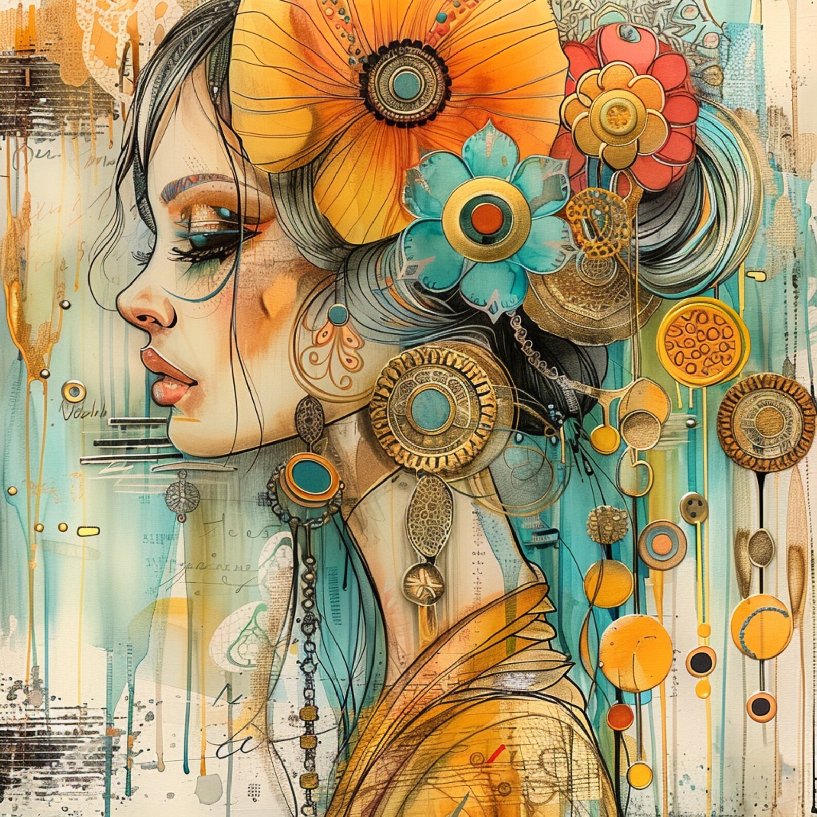 TEN Boho Button Ribbons Digital Download, Retro Style Button Art Design ...