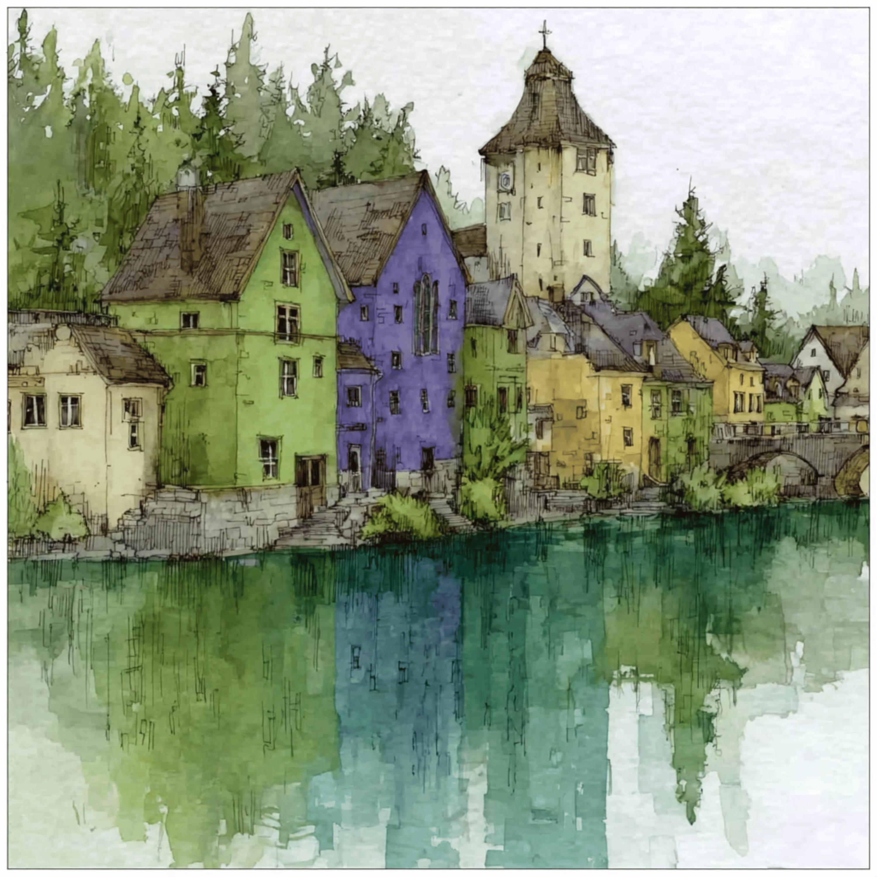 Colorful Town Scenes Watercolor Ink Art Prints: DIY Kitchen & Dining ...