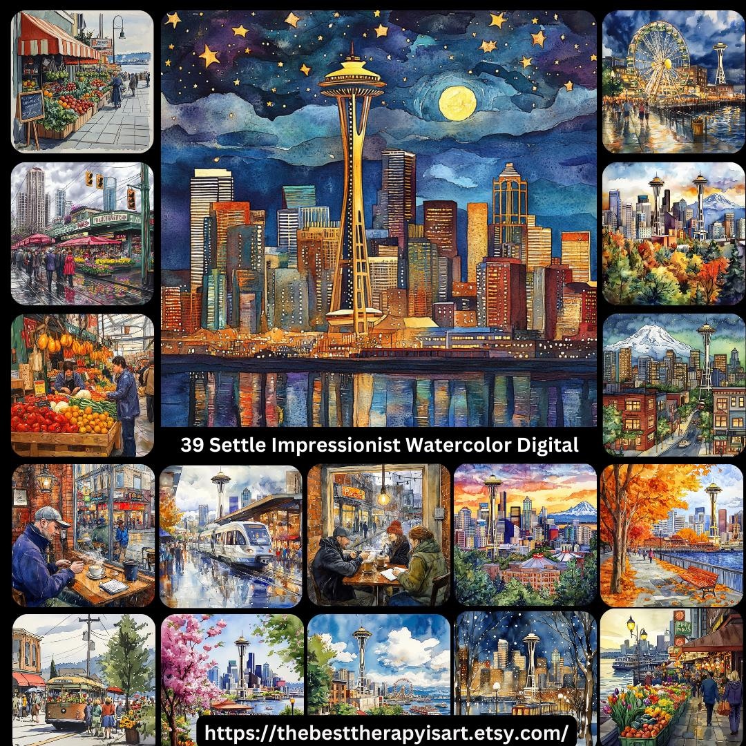 39 Seattle Skyline Art, Pike Place Market Digital Download, Preppy ...