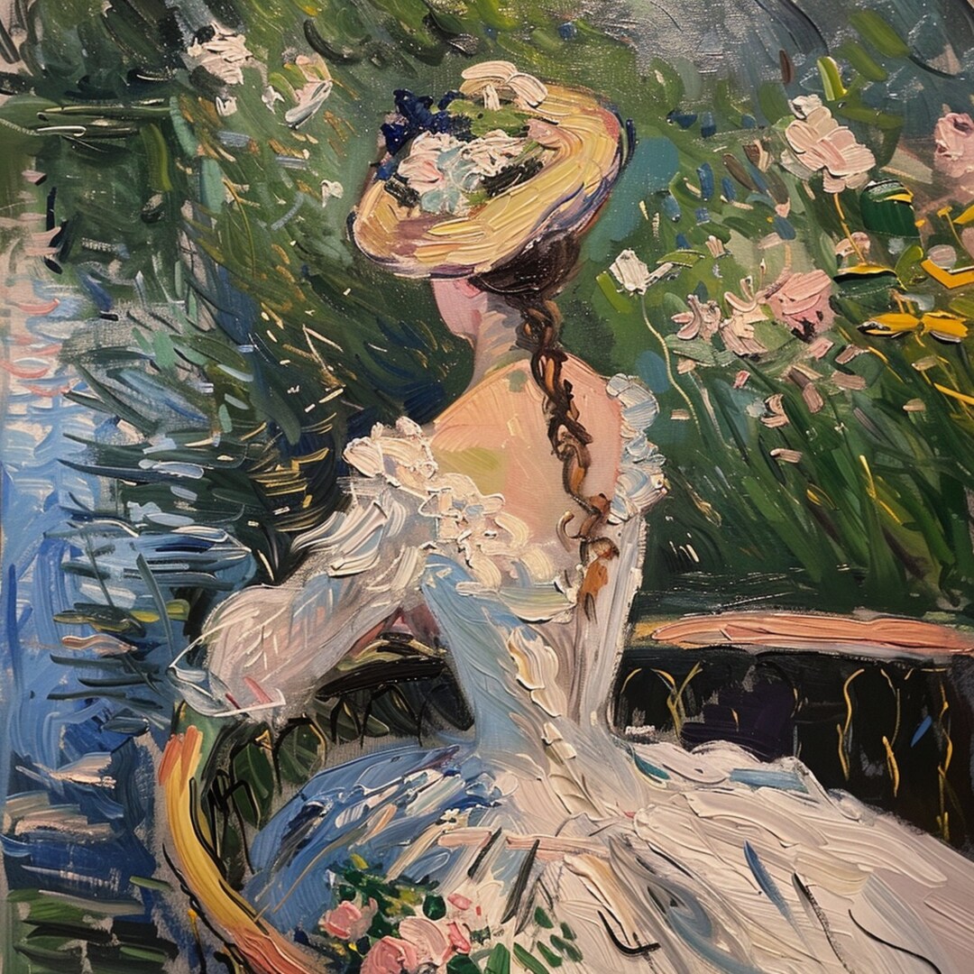 EIGHT Impressionist Lake Scene Painting, Digital Prints, Woman in Hat ...