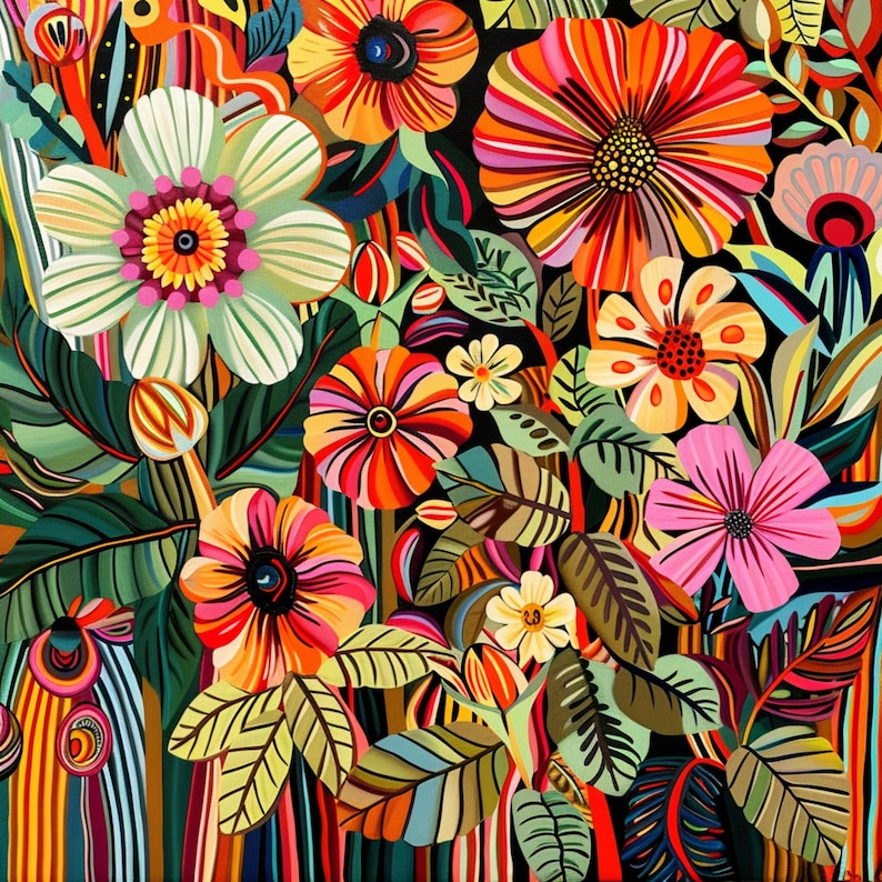 NINE Boho Retro Floral Wall Art, Colorful Flower Digital Print, Modern ...
