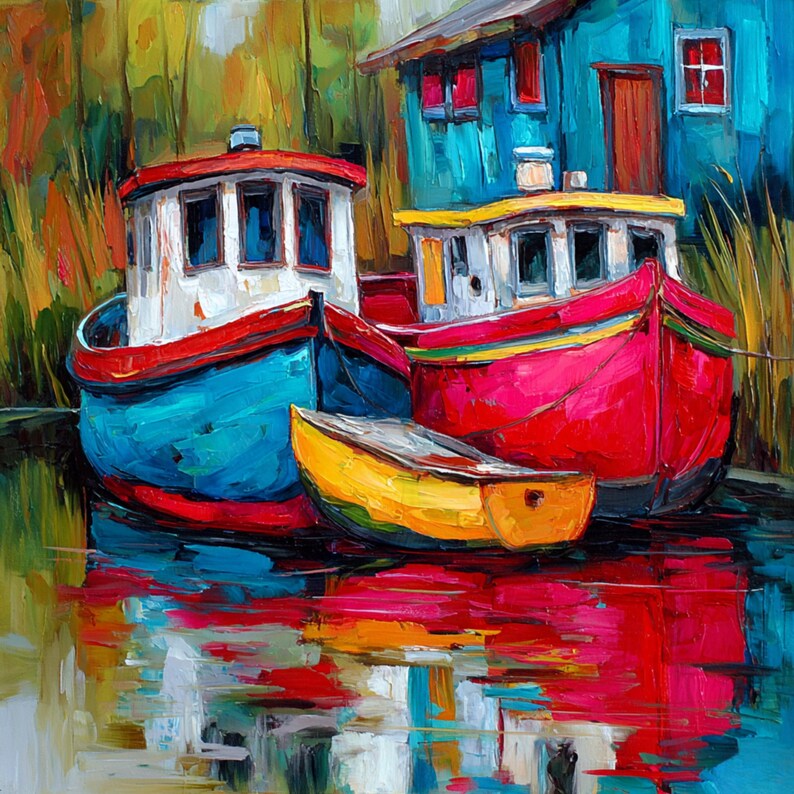 Coastal Boat Art Prints: Red Rowing Boats, Harbor Scene (PNG Set ...