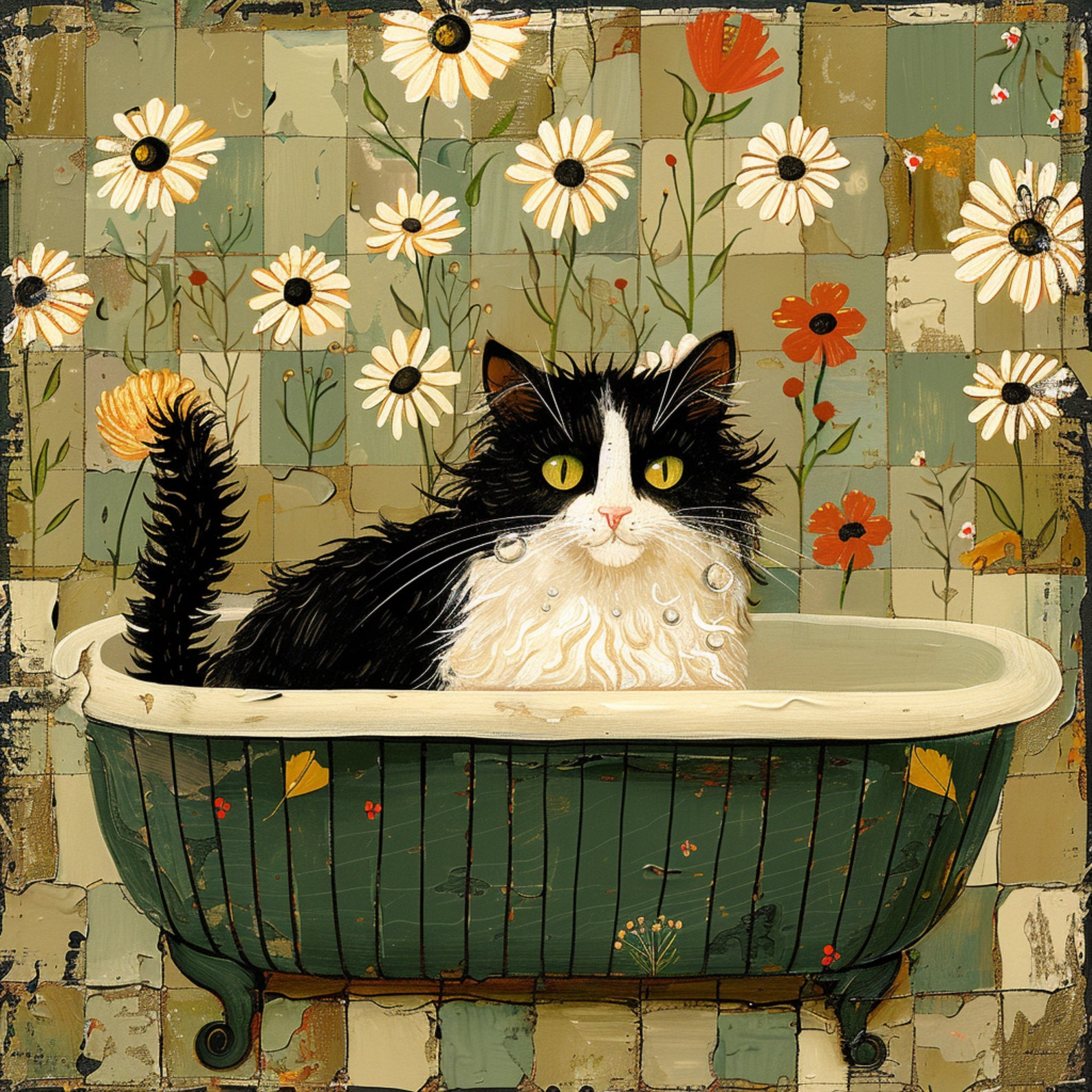 12 Cute Cat in Tub Digital Artwork, Cartoon Cat Illustration Wall Art ...