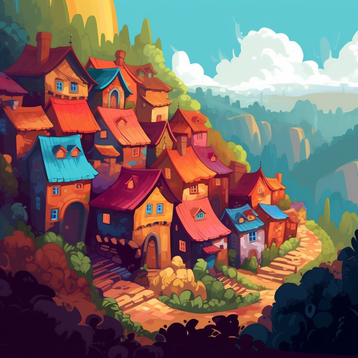 SIXTEEN Rustic Fantasy Mountain Town Village Scenes Colorful Landscape ...
