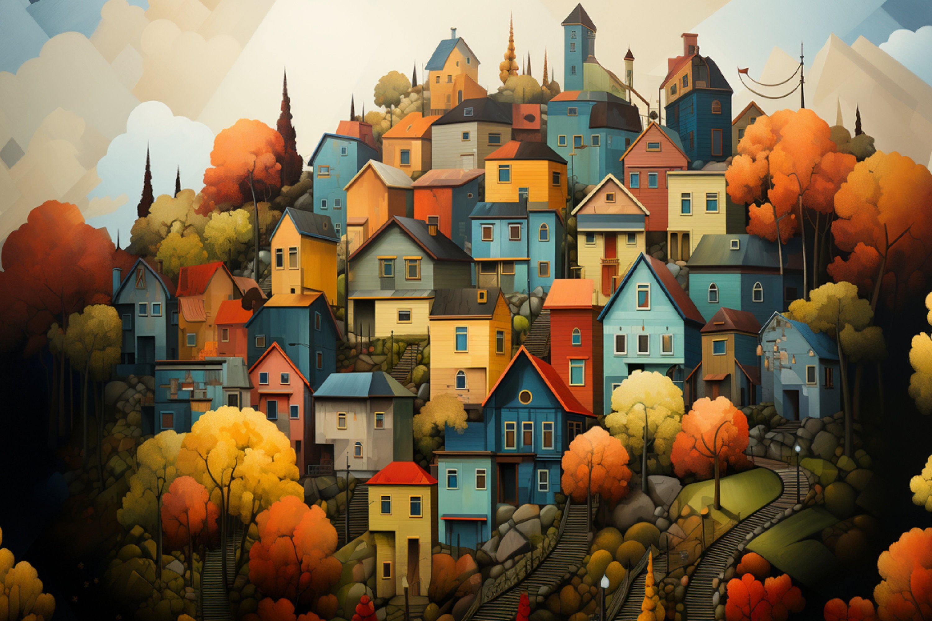 NINETEEN Whimsical Townscape Digital Art Print Colorful Fairytale ...
