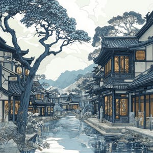 12 Japanese Scene Digital Art Set, Monochrome Large Square Poster, 12 ...