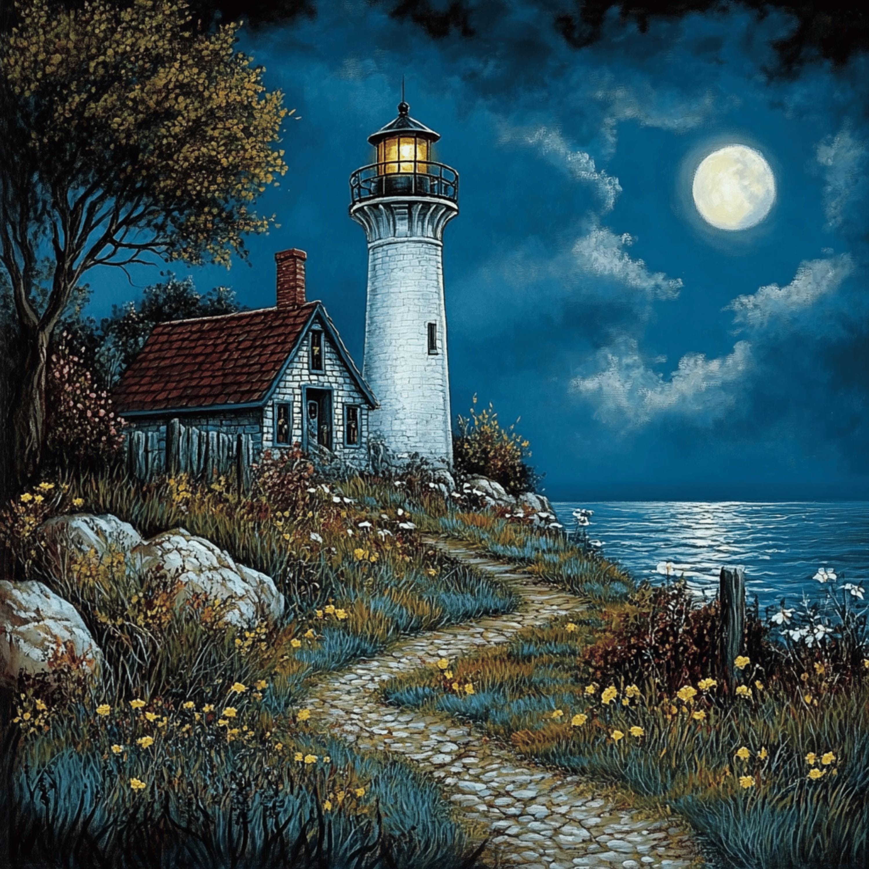 25 Digital Images, Lighthouse at Night, Large Square Moody Artwork ...