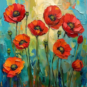 TWELVE Poppies Wall Art, Contemporary Acrylic, Large Artwork Digital ...