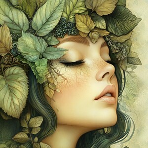 15 Boho Female Portrait Digital Art, Green Artwork Collection, Large ...