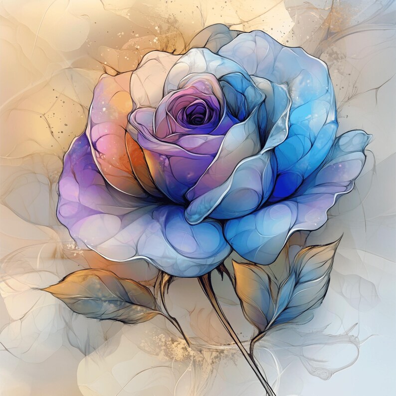 Blue Rose Pastel Stained Glass Effect Artwork, 15 Flower Digital Images ...