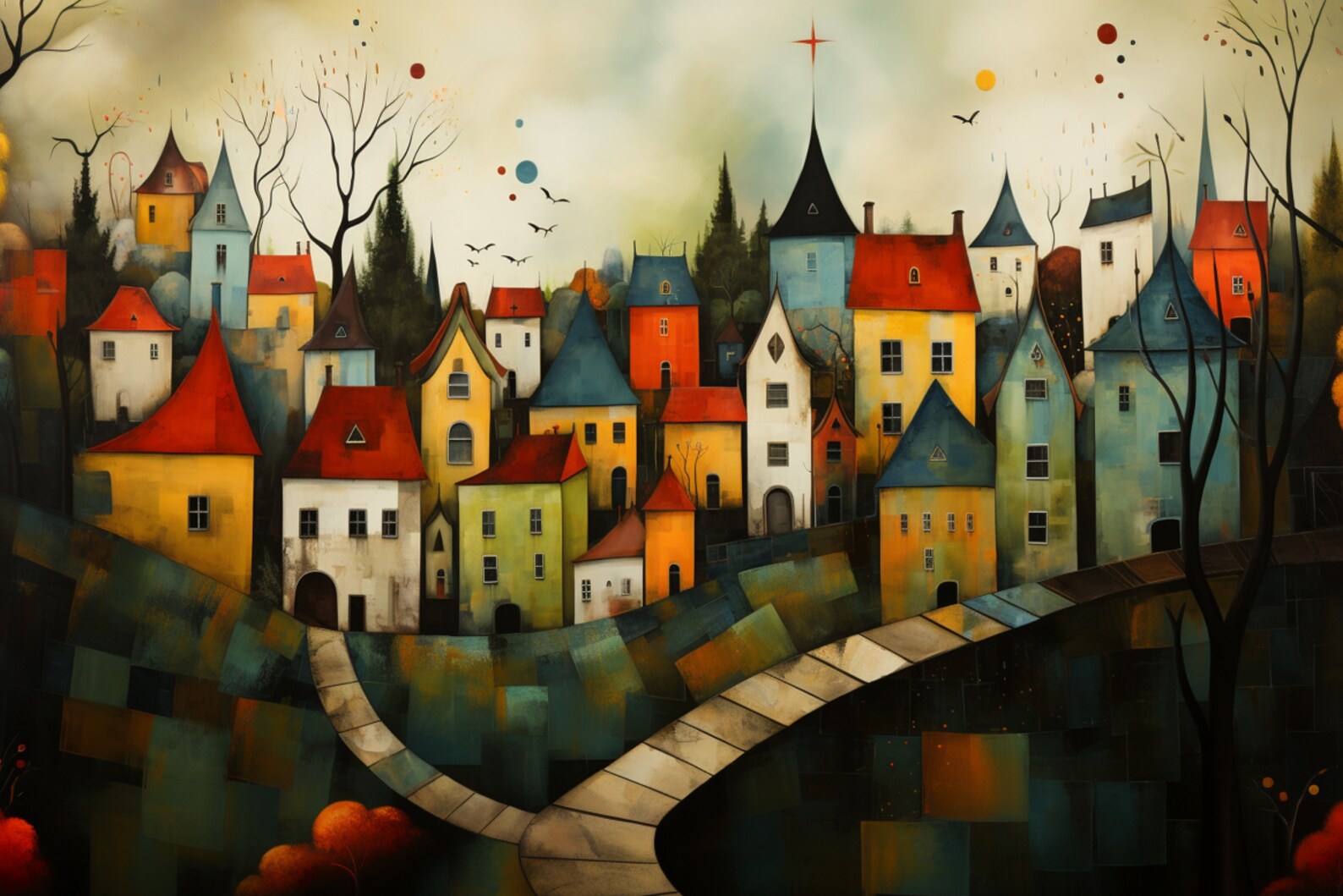 NINETEEN Whimsical Townscape Digital Art Print Colorful Fairytale ...