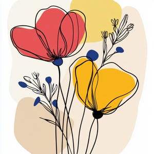 12 Modern Floral Line Art Digital Print Set, Abstract Bold Colors ...