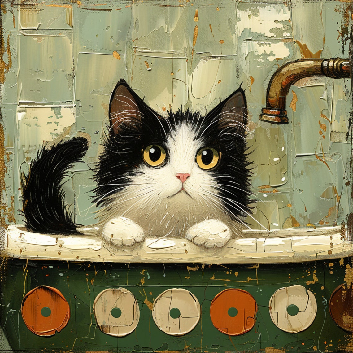 12 Cute Cat in Tub Digital Artwork, Cartoon Cat Illustration Wall Art ...