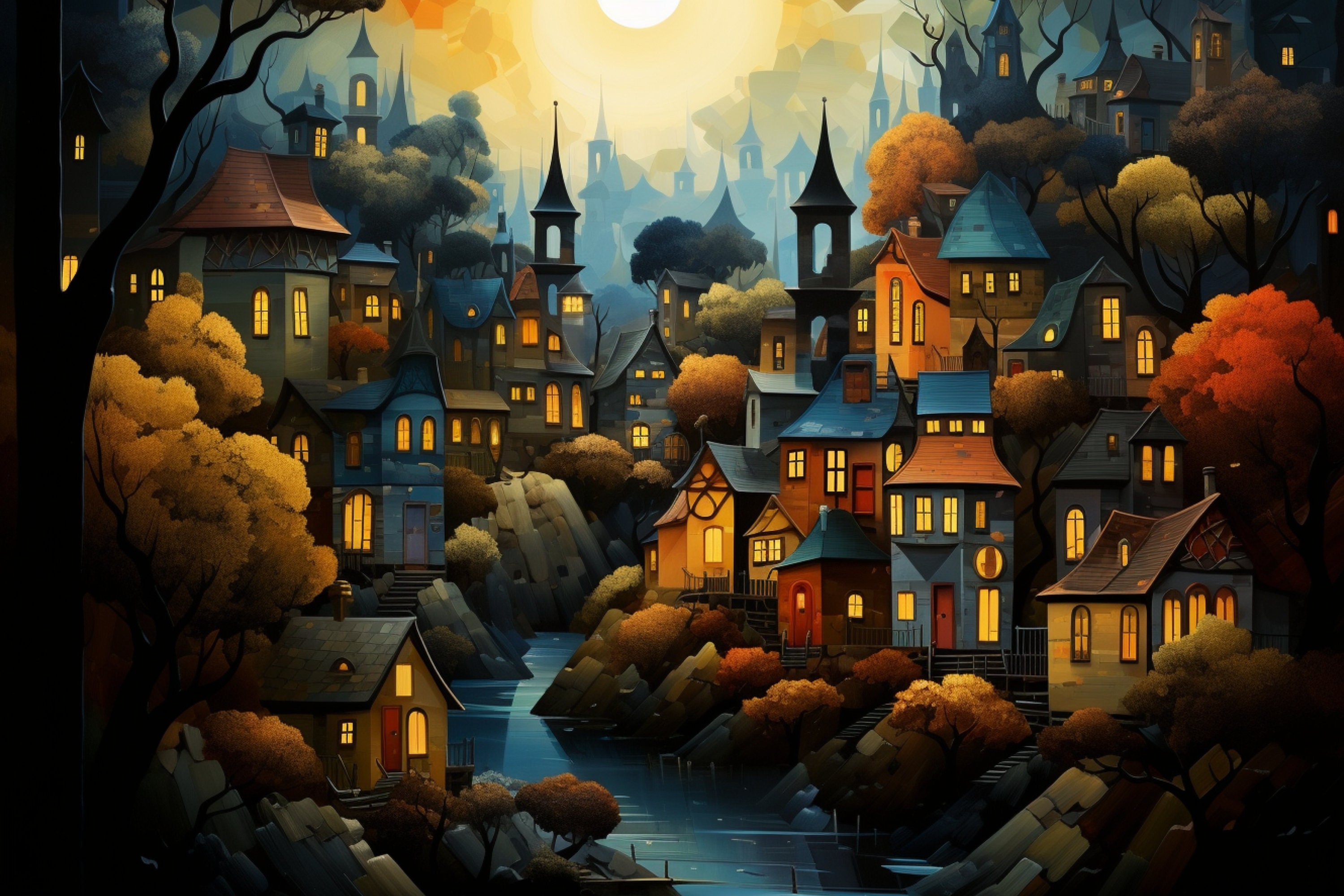 NINETEEN Whimsical Townscape Digital Art Print Colorful Fairytale ...