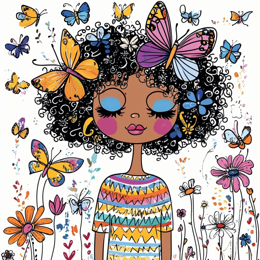 12 Cute Butterfly Garden Digital Art Print, Whimsical Flowers ...