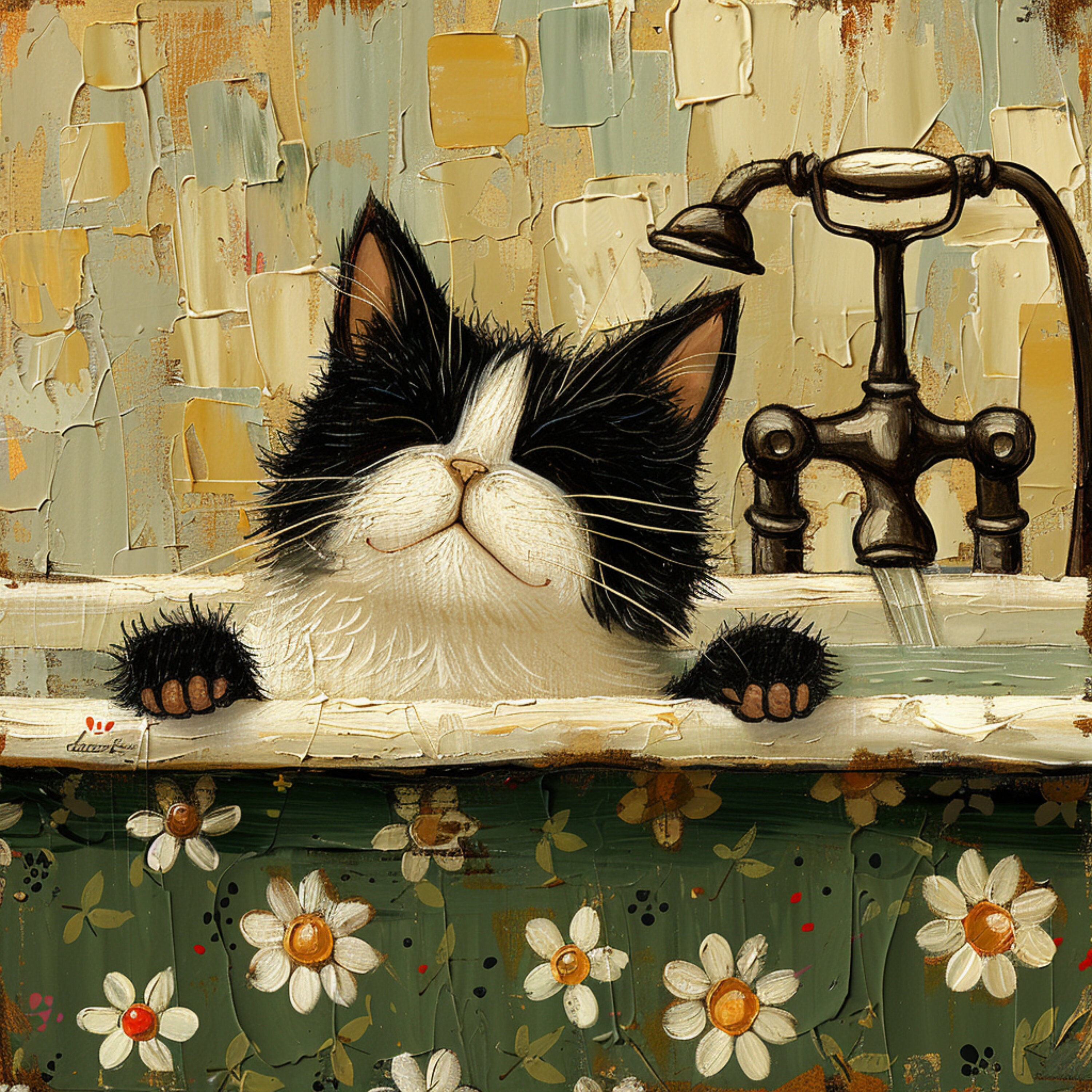 12 Cute Cat in Tub Digital Artwork, Cartoon Cat Illustration Wall Art ...