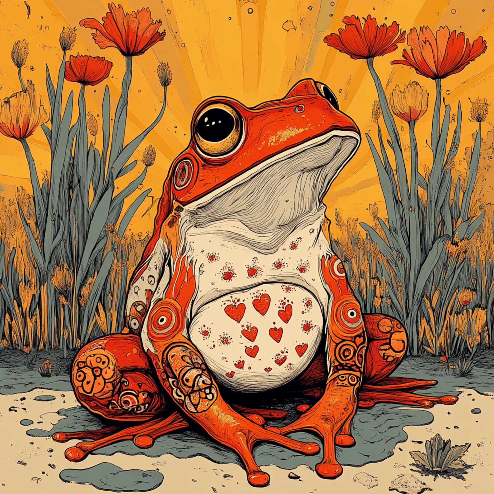 Large Square Frog Artwork, Orange Red Digital Frog Prints, 12 Digital ...