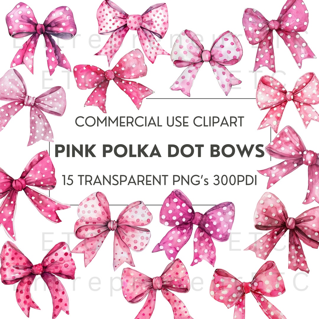 Watercolor Bow Clipart, 15 Pink Polka Dot Bows, Girly Coquette Clipart ...