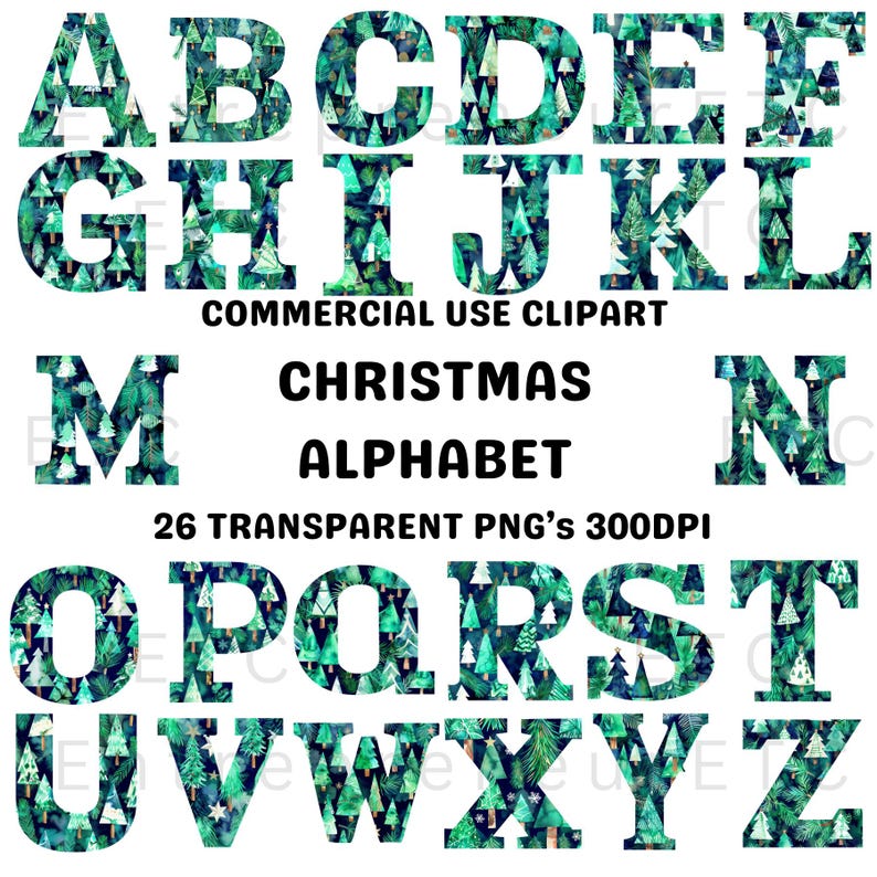 Christmas Alphabet Clipart, 26 PNG Clip Art Christmas Tree Patterned ...