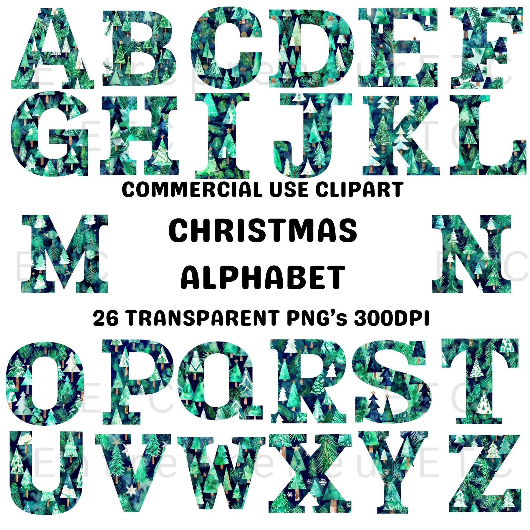 Christmas Alphabet Clipart, 26 PNG Clip Art Christmas Tree Patterned ...