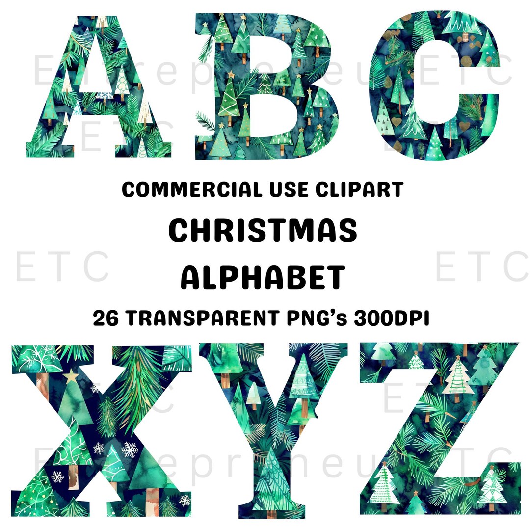 Christmas Alphabet Clipart, 26 PNG Clip Art Christmas Tree Patterned ...