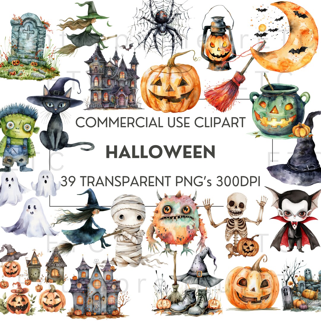 Halloween Watercolor Clipart, 39 PNG Clip Art Cute Spooky Images, Witch ...