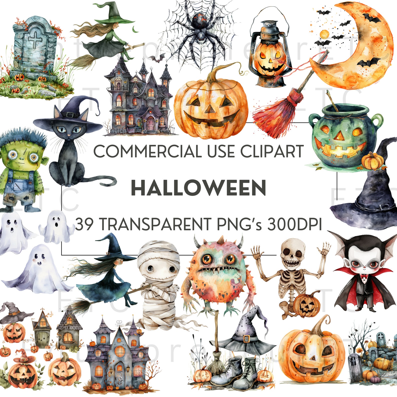 Halloween Watercolor Clipart, 39 PNG Clip Art Cute Spooky Images, Witch ...