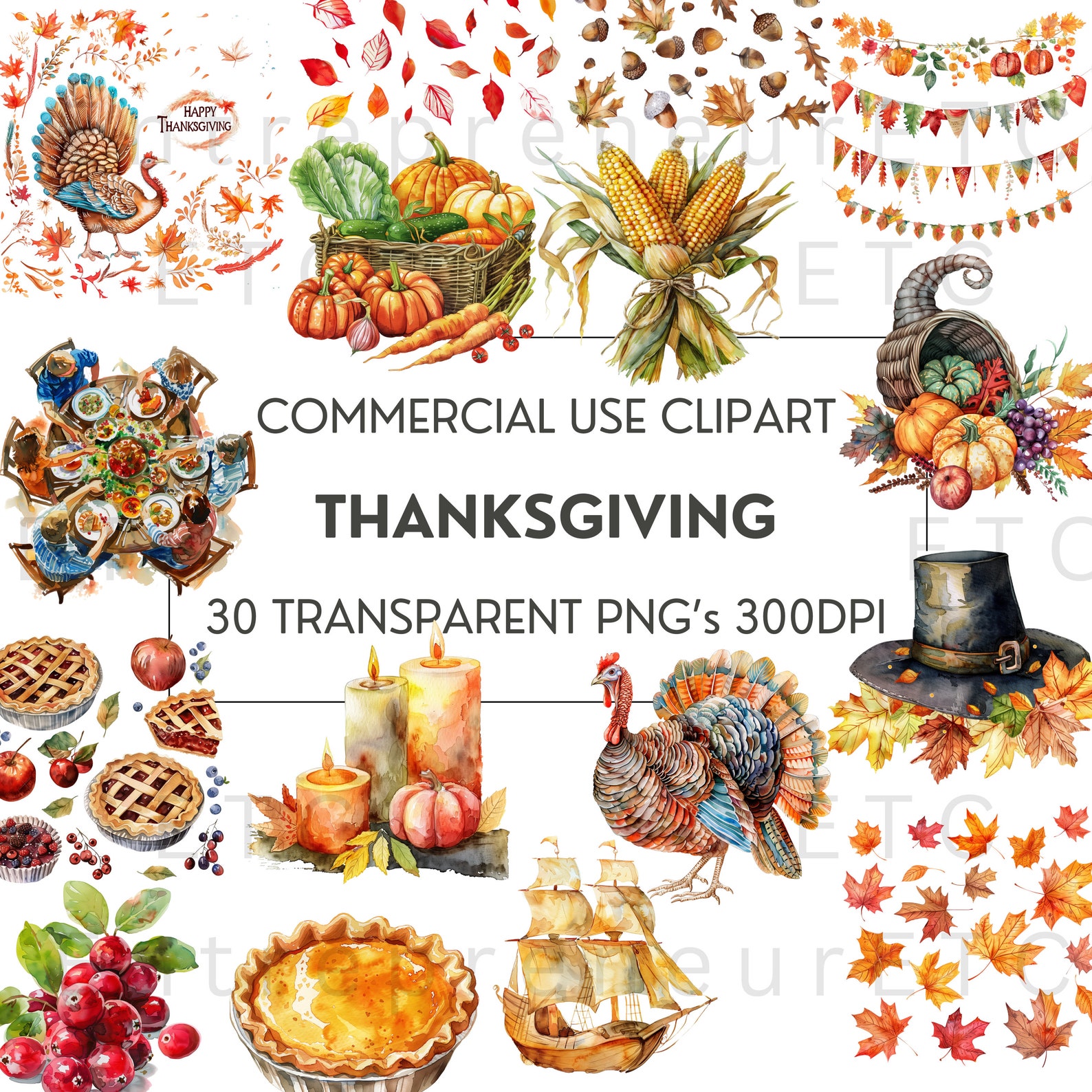 Thanksgiving Watercolor Clipart, 30 PNG Images, Autumn, Fall, Thanks ...