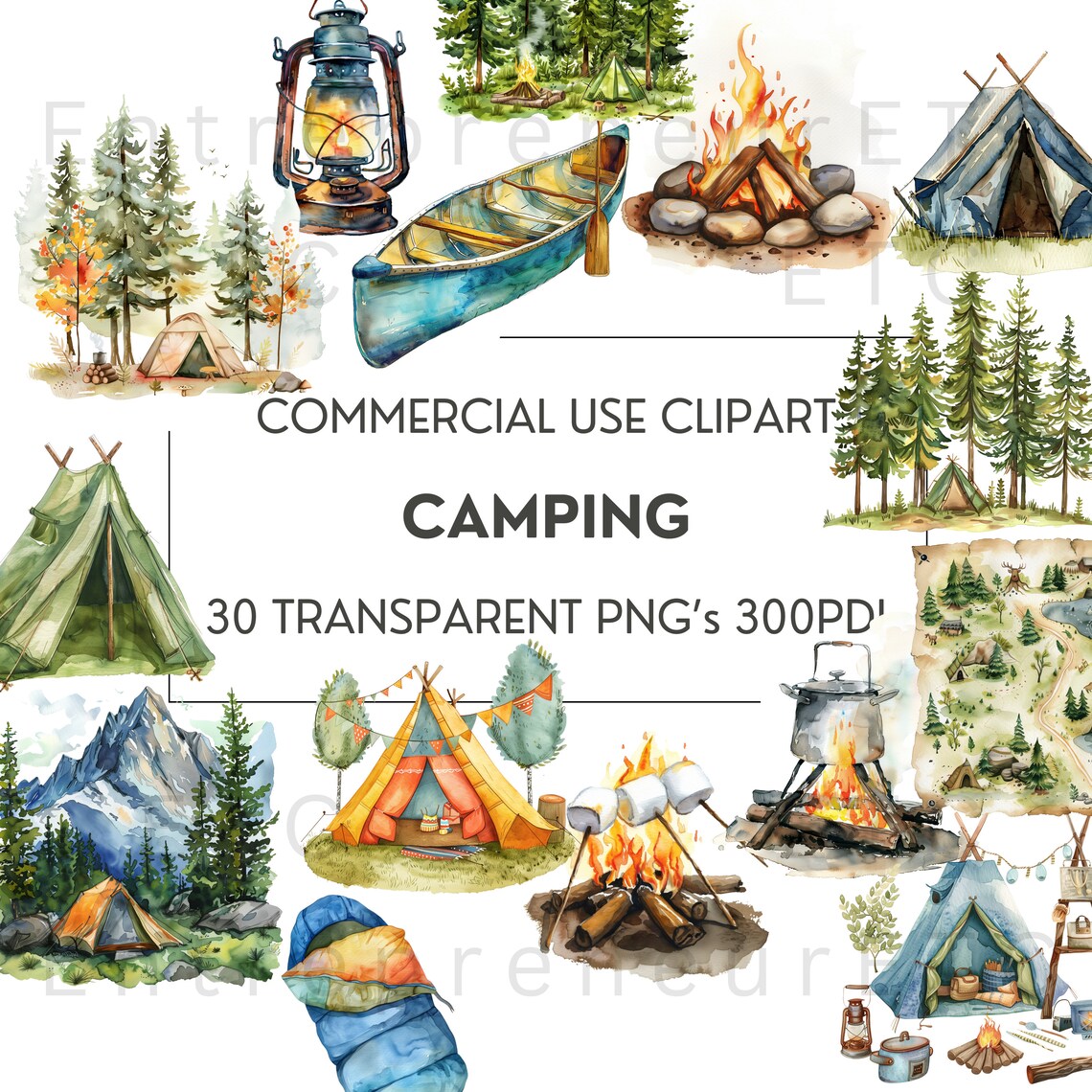 Camping Watercolor Clipart, 30 PNG Clip Art Bundle, Tent, Camp Fire ...