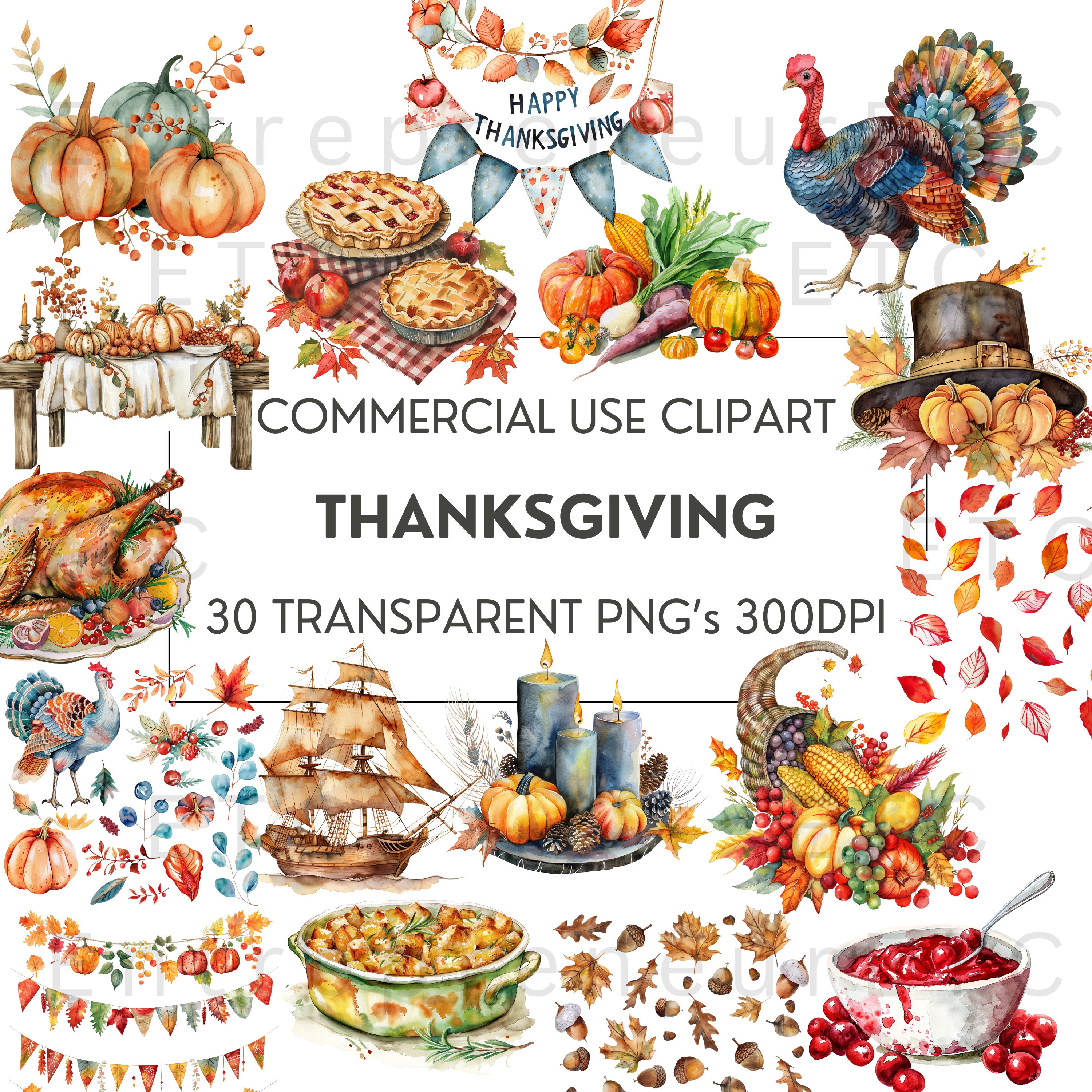 Thanksgiving Watercolor Clipart, 30 PNG Images, Autumn, Fall, Thanks ...
