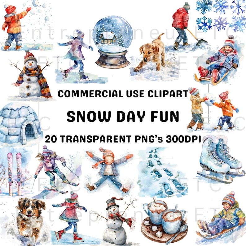 Snow Day Fun Watercolor Clipart, Sledging, Snowballs, Skiing, 20 Png's ...